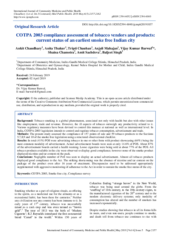 (PDF) COTPA 2003 compliance assessment of tobacco vendors and products ...