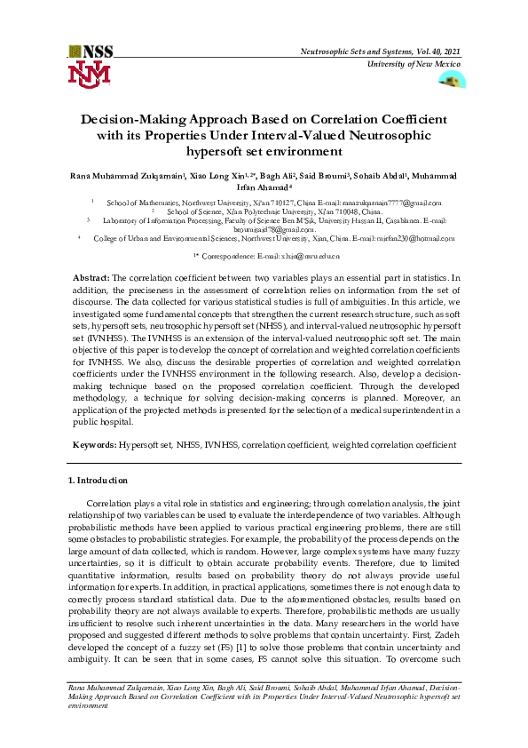 (PDF) Correlation Coefficient in Interval-Valued Neutrosophic Hypersoft Sets