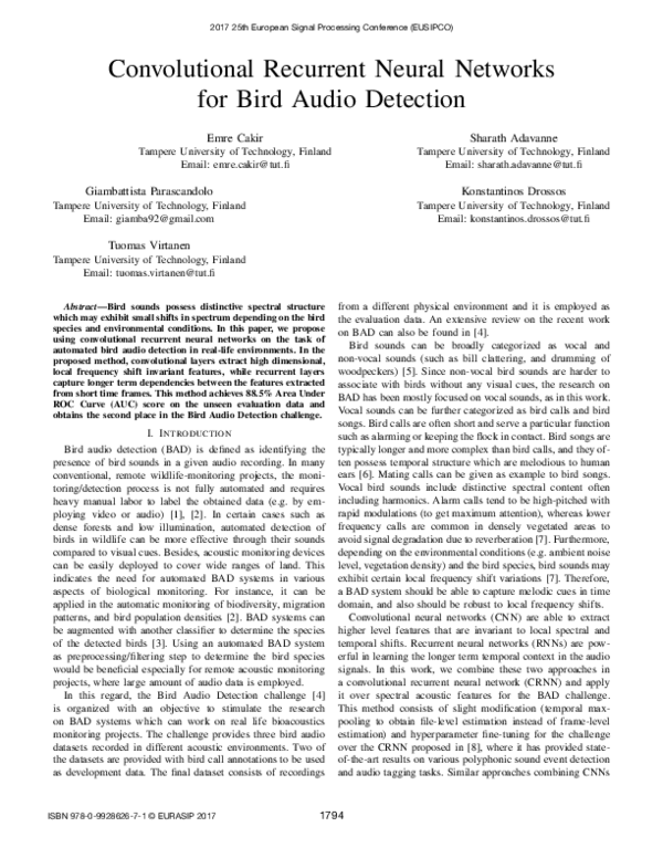 (PDF) Convolutional recurrent neural networks for bird audio detection