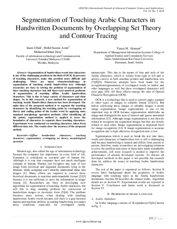 Pdf Segmentation Of Touching Arabic Characters In Handwritten Documents By Overlapping Set