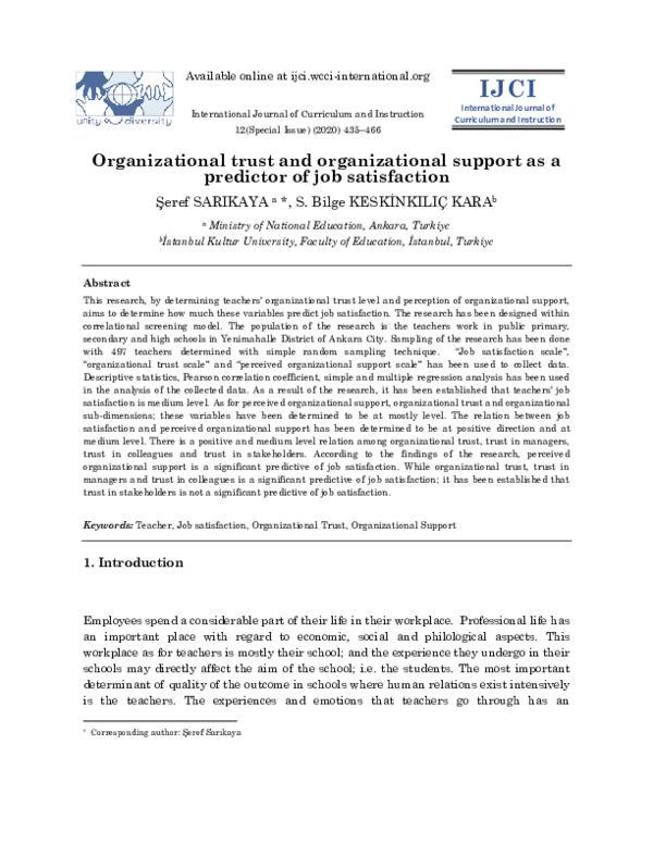 (PDF) Organizational Trust and Organizational Support as a Predictor of Job Satisfaction