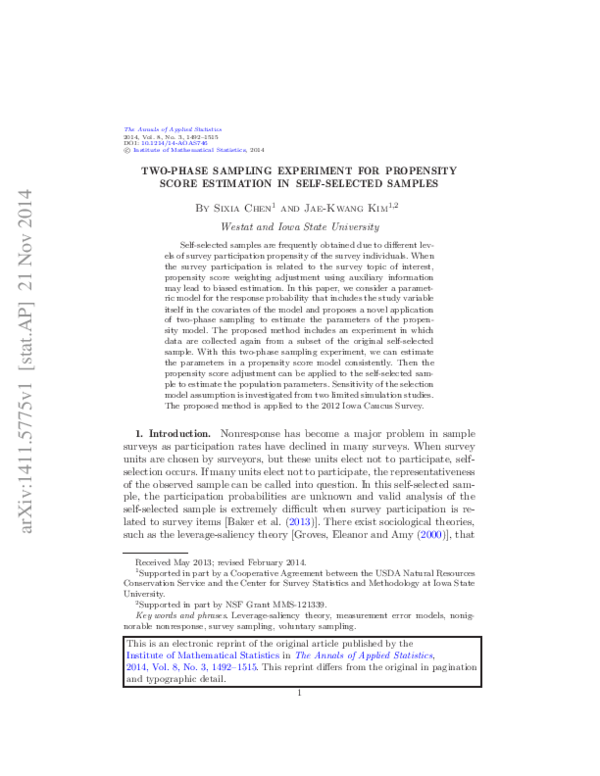 (PDF) Two-phase sampling experiment for propensity score estimation in self-selected samples