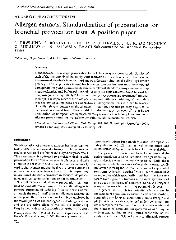 (PDF) Allergen extracts. Standardization of preparations for bronchial ...