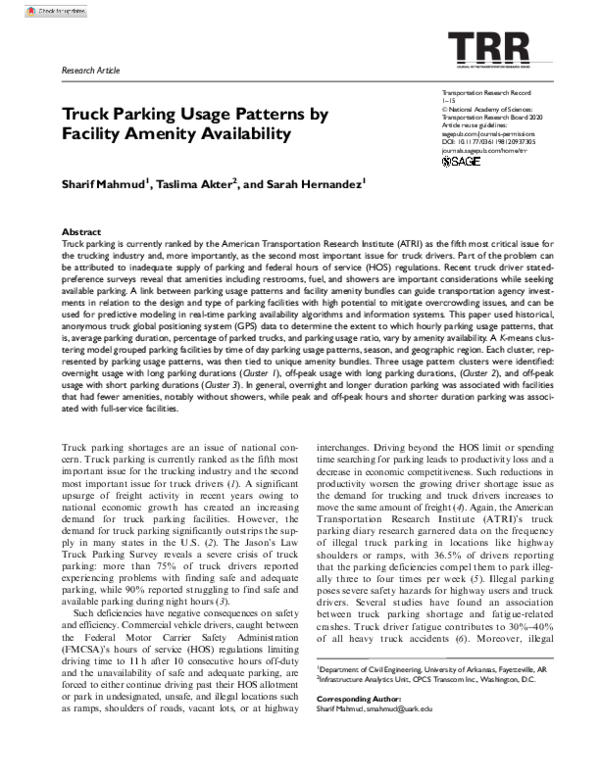 (PDF) Truck Parking Usage Patterns by Facility Amenity Availability