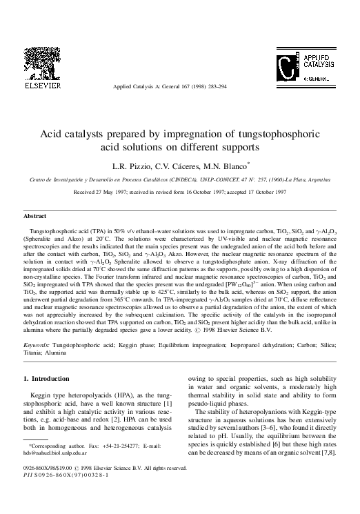 (PDF) Acid catalysts prepared by impregnation of tungstophosphoric acid ...