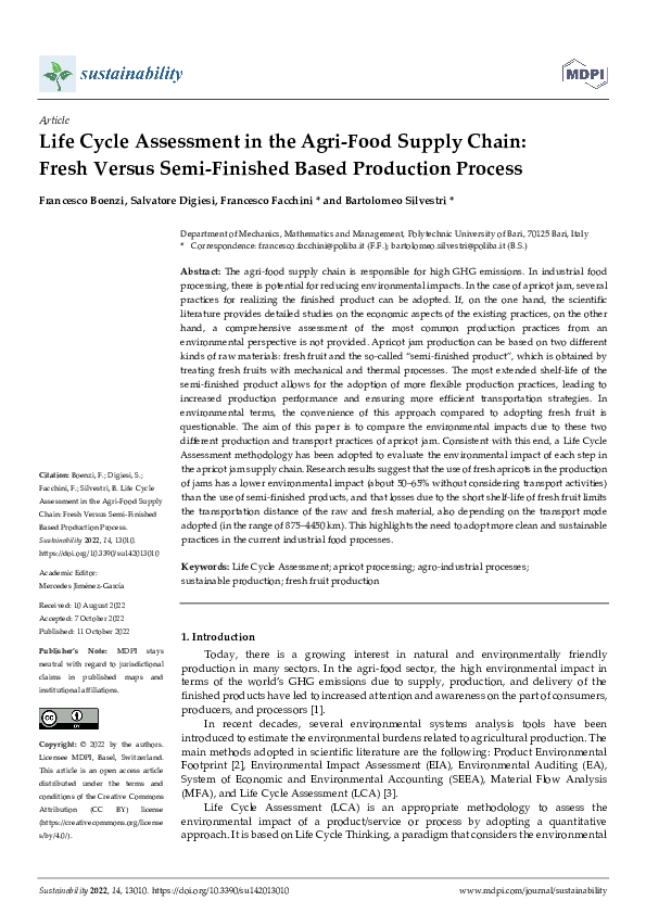 (PDF) Life Cycle Assessment in the Agri-Food Supply Chain: Fresh Versus Semi-Finished Based ...