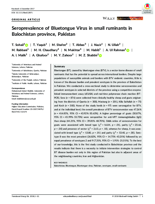 (PDF) Seroprevalence of Bluetongue Virus in small ruminants in ...