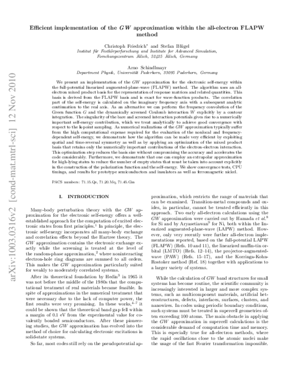 (PDF) Efficient implementation of theGWapproximation within the all-electron FLAPW method