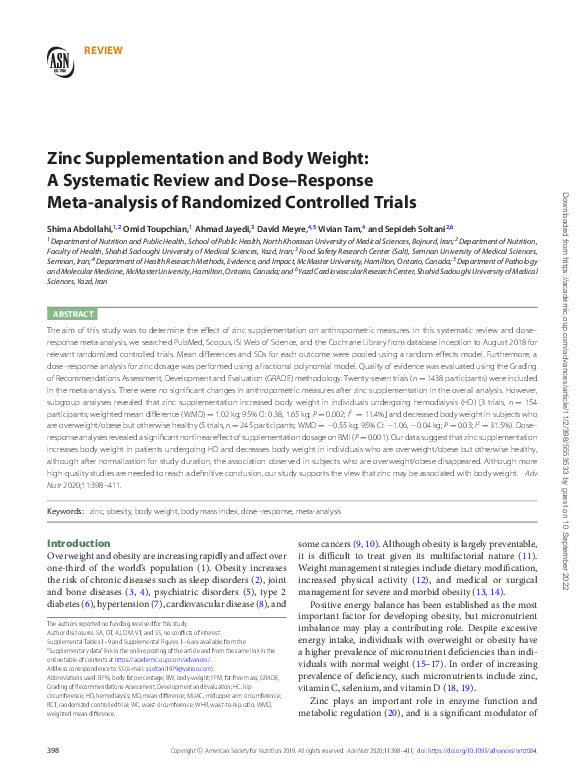 (PDF) Zinc Supplementation and Body Weight: A Systematic Review and ...