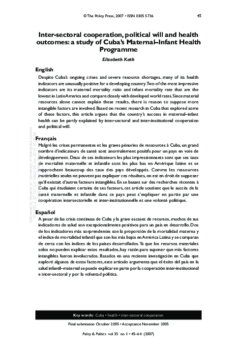 (PDF) Inter-sectoral cooperation, political will and health outcomes: a study of Cuba's Maternal ...