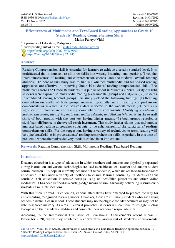 (PDF) Effectiveness of Multimedia and Text-Based Reading Approaches to Grade 10 Students ...