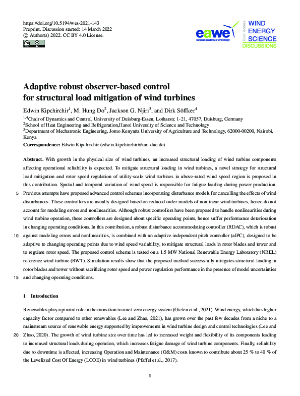 (PDF) Adaptive robust observer-based control for structural load mitigation of wind turbines
