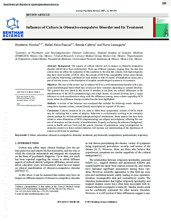(PDF) Influence of Culture in Obsessive-compulsive Disorder and Its ...