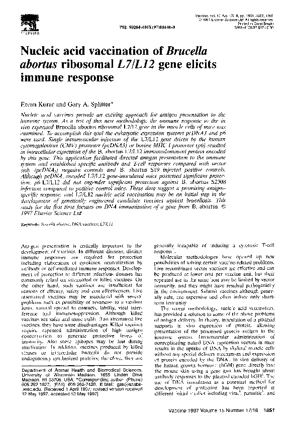 (PDF) Nucleic acid vaccination of Brucella abortus ribosomal L7/L12 ...