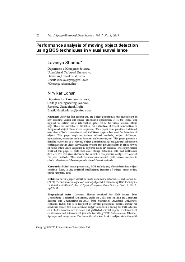 (PDF) Performance analysis of moving object detection using BGS techniques in visual surveillance