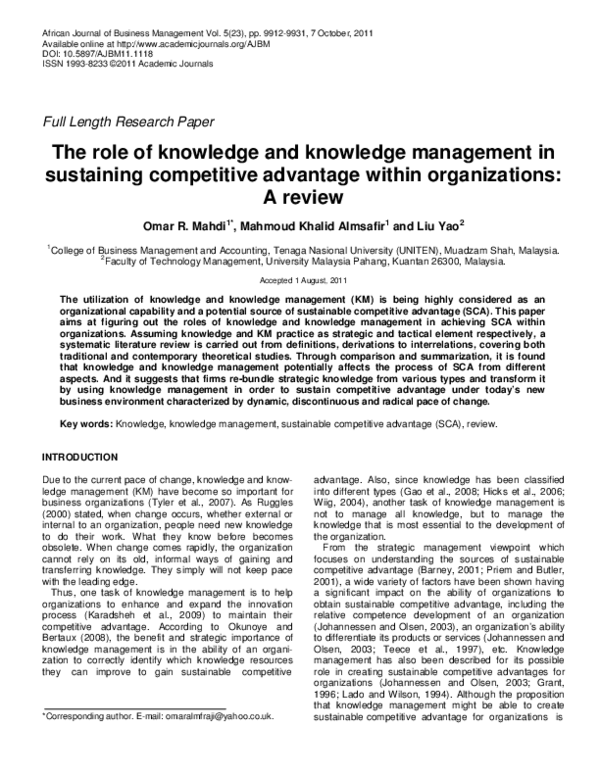 (PDF) The role of knowledge and knowledge management in sustaining ...