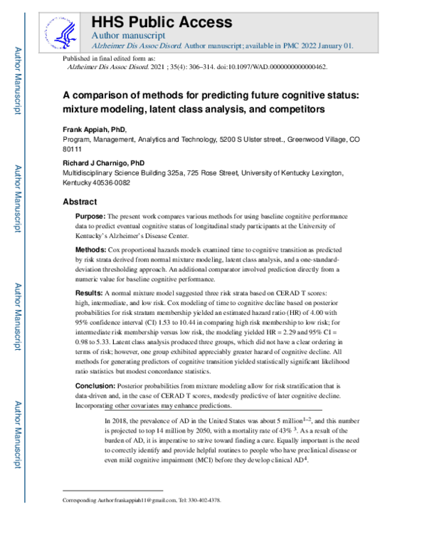 (PDF) A Comparison of Methods for Predicting Future Cognitive Status