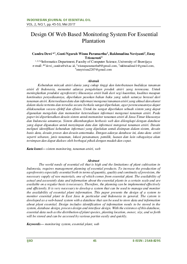 Pdf Design Of Web Based Monitoring System For Essential Plantation Rakhmadina Noviyanti
