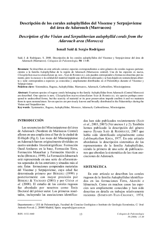 (PDF) Descripción de los corales aulophyllidos del Viseense y ...