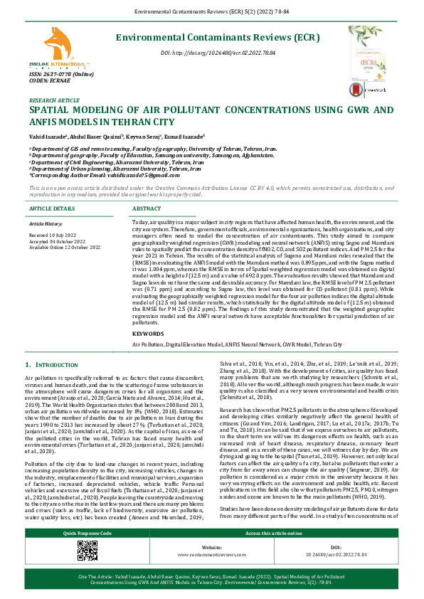 (PDF) SPATIAL MODELING OF AIR POLLUTANT CONCENTRATIONS USING GWR AND ANFIS MODELS IN TEHRAN CITY
