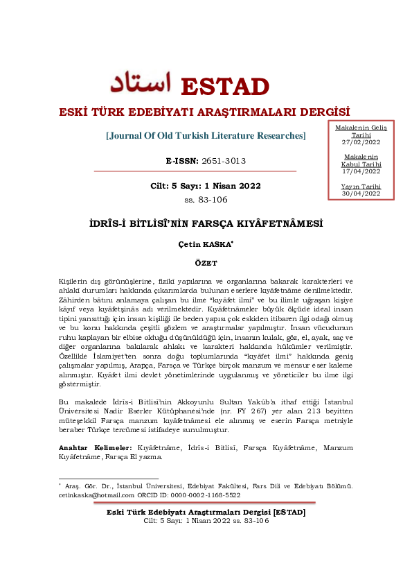 (PDF) İDRÎS-İ BİTLİSÎ’NİN FARSÇA KIYÂFETNÂMESİ / THE PERSİAN ...