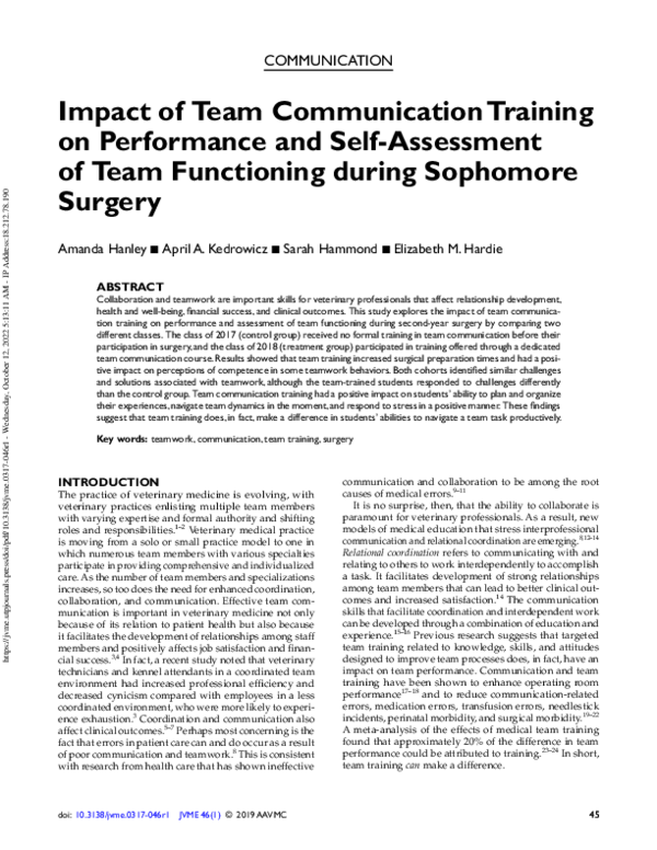 (PDF) Impact of Team Communication Training on Performance and Self-Assessment of Team ...