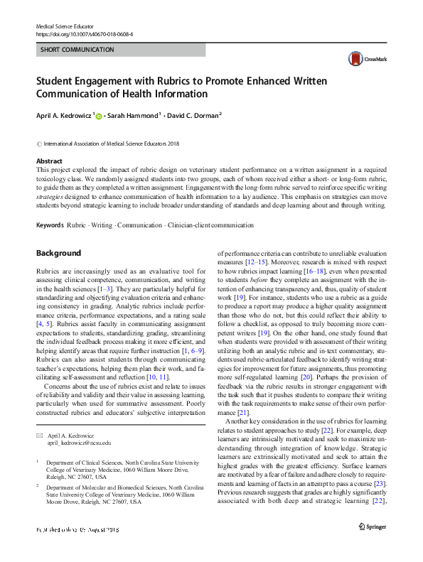 (PDF) Student Engagement with Rubrics to Promote Enhanced Written ...