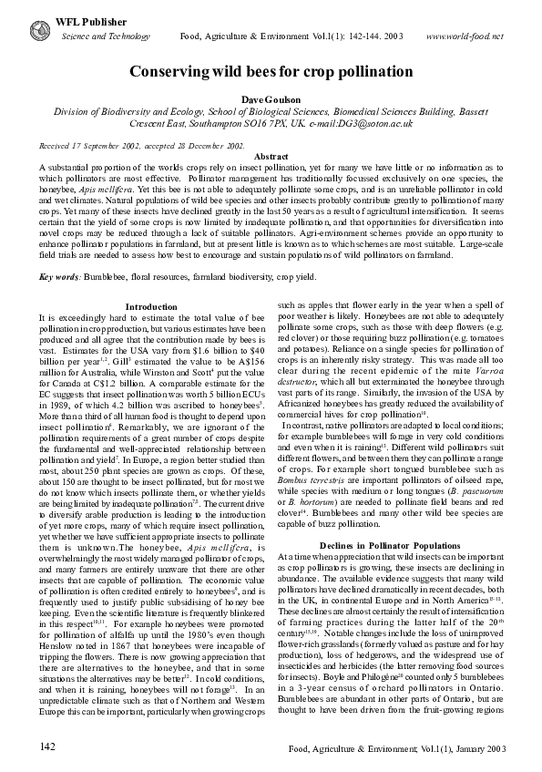 (PDF) Conserving wild bees for crop pollination