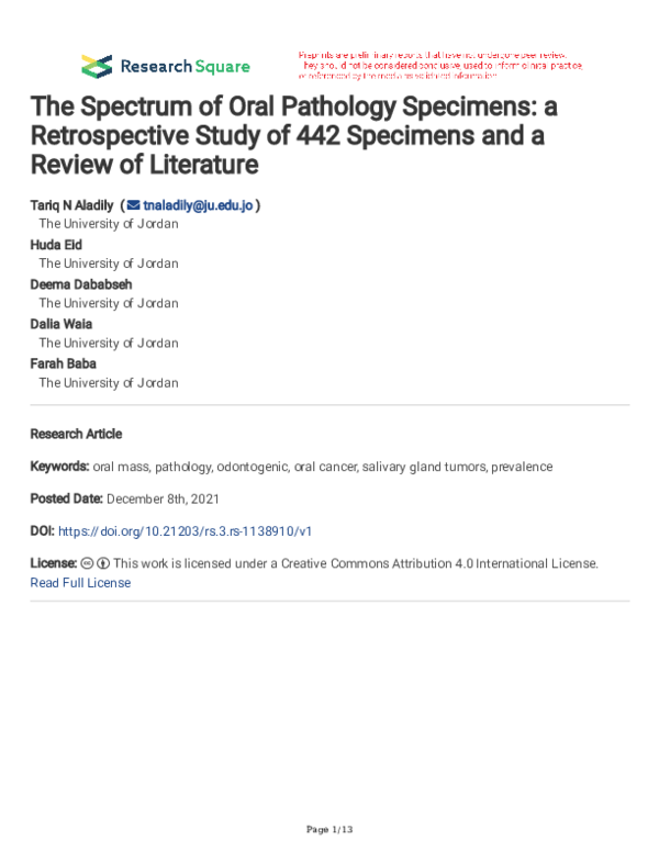 (PDF) The Spectrum of Oral Pathology Specimens: a Retrospective Study ...