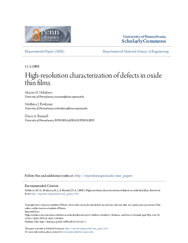 (PDF) High-resolution characterization of defects in oxide thin films