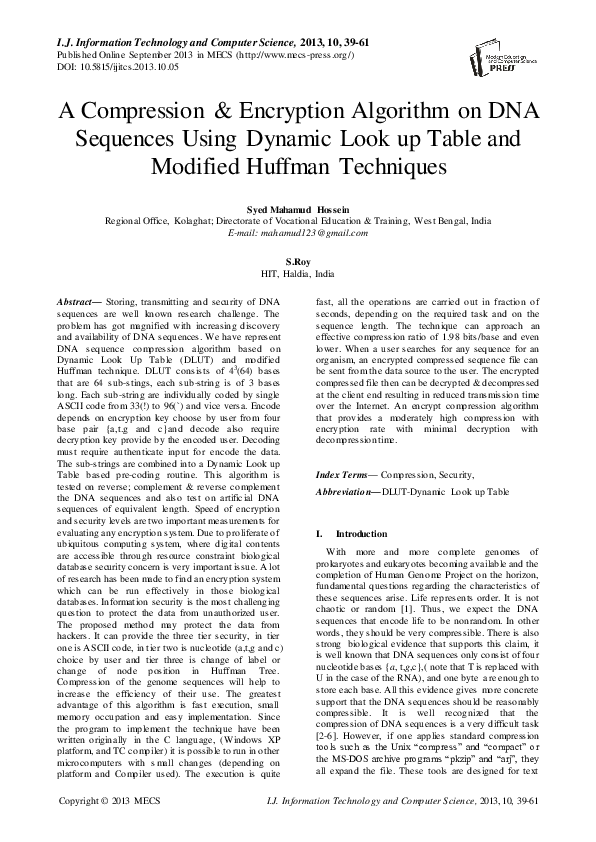 Pdf A Compression And Encryption Algorithm On Dna Sequences Using Dynamic Look Up Table And
