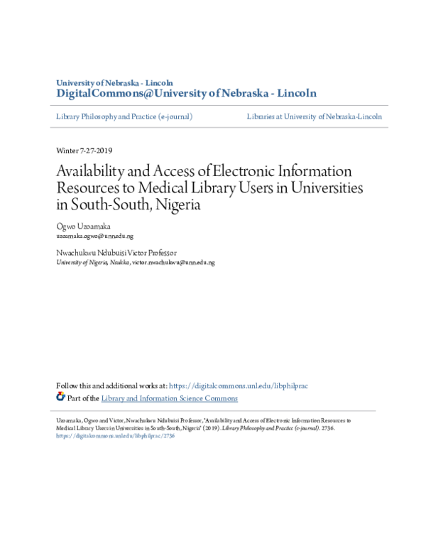 (PDF) Availability and Access of Electronic Information Resources to Medical Library Users in ...