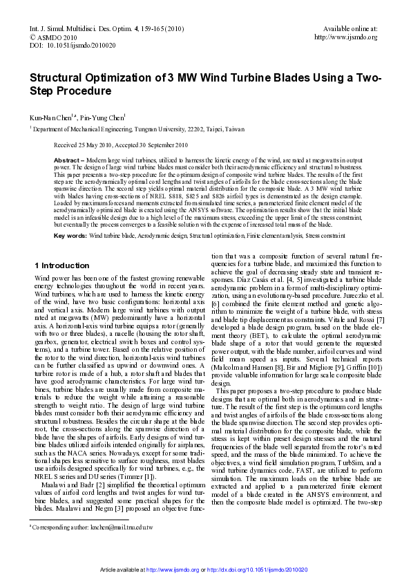 Pdf Structural Optimization Of 3 Mw Wind Turbine Blades Using A Two