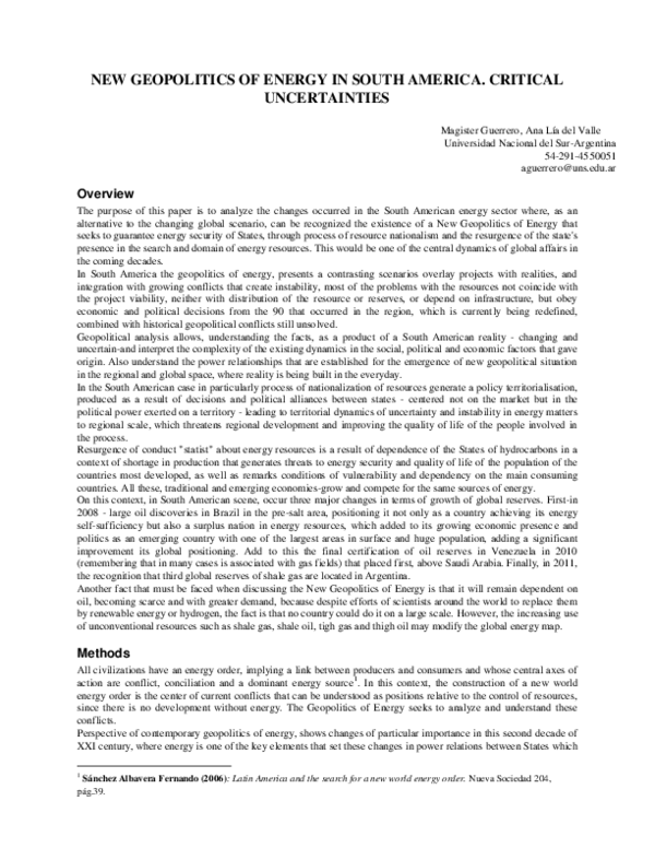 (PDF) New geopolitics of energy in South America. Critical Uncertainties