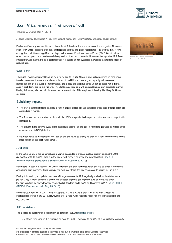 (PDF) South African energy shift will prove difficult