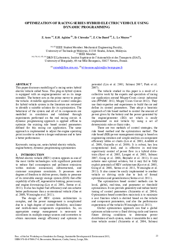 (PDF) Optimization of racing series hybrid electric vehicle using dynamic programming | luis le ...
