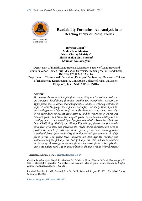 (PDF) Readability formulas: An analysis into reading index of prose forms