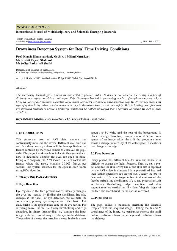 Pdf Drowsiness Detection System For Real Time Driving Conditions