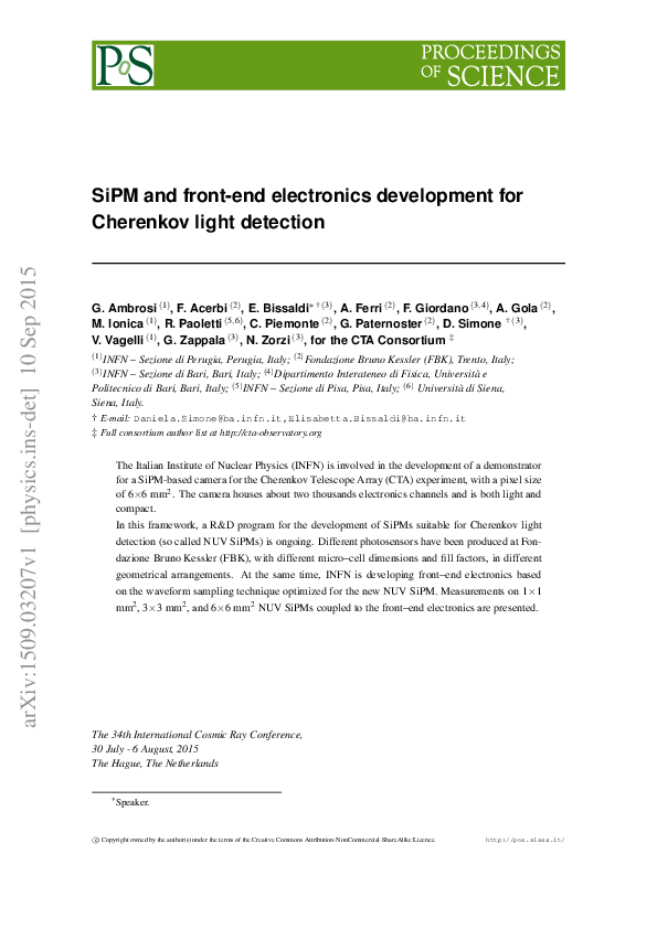 (PDF) SiPM and front-end electronics development for Cherenkov light detection
