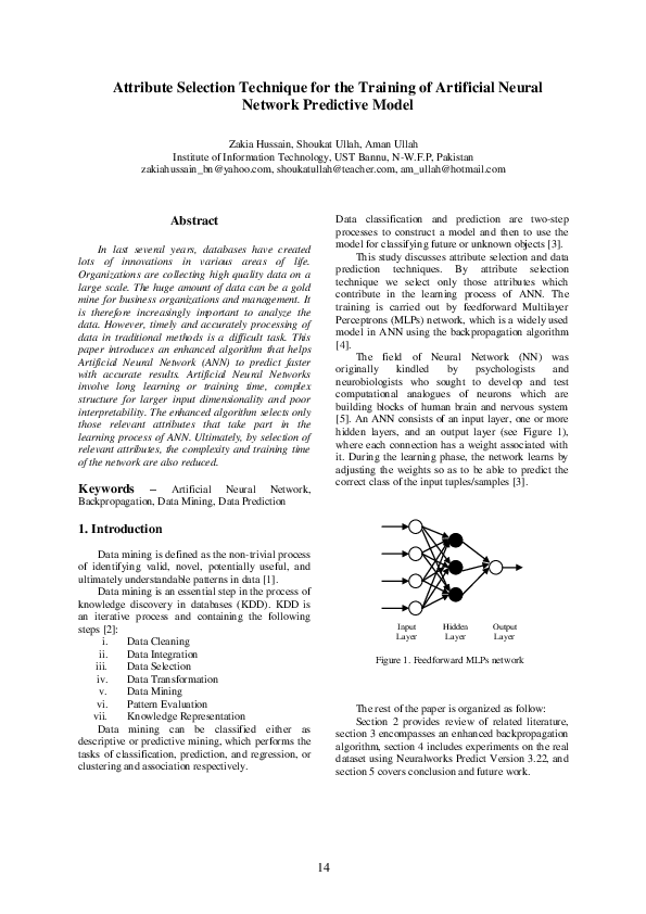 (PDF) Attribute Selection Technique for the Training of Artificial Neural Network Predictive Model
