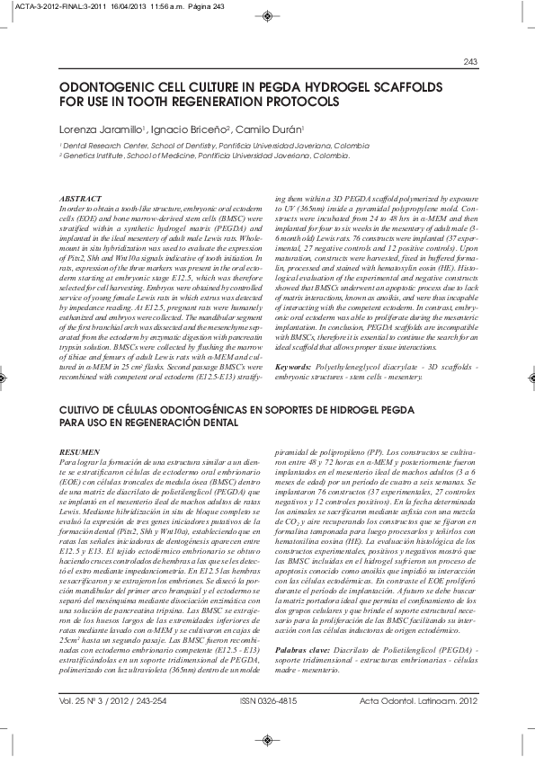 (PDF) Odontogenic cell culture in PEGDA hydrogel scaffolds for use in ...