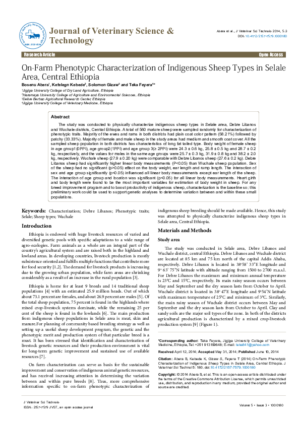 (PDF) On-Farm Phenotypic Characterization of Indigenous Sheep Types in Selale Area, Central Ethiopia