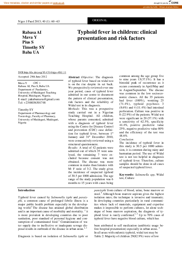 (PDF) Typhoid fever in children: Clinical presentation and risk factors