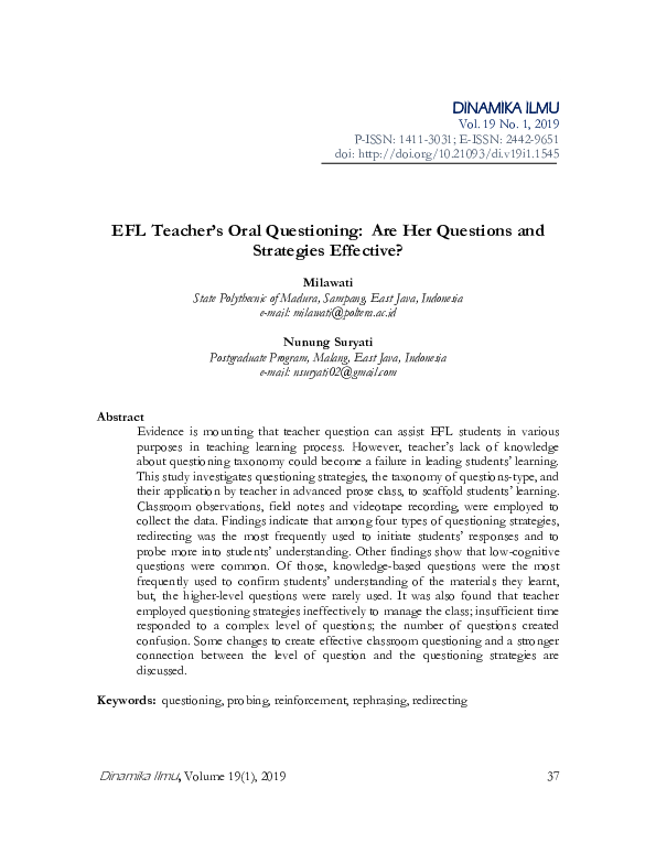 (PDF) EFL Teacher’s Oral Questioning: Are Her Questions and Strategies Effective?