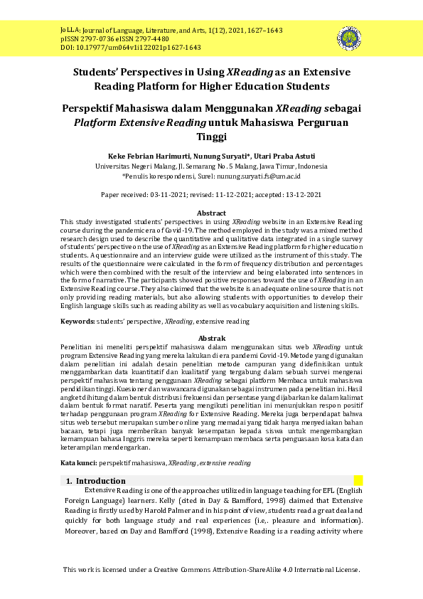 (PDF) Students’ Perspectives in Using XReading as an Extensive Reading ...