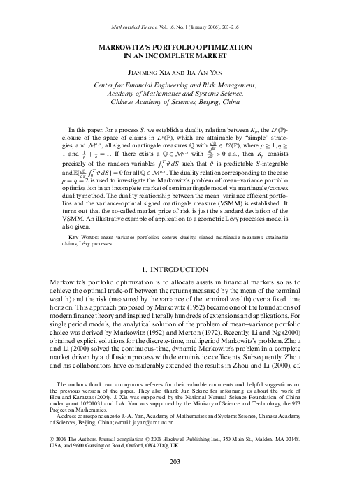 (PDF) Markowitz's Portfolio Optimization in an Incomplete Market