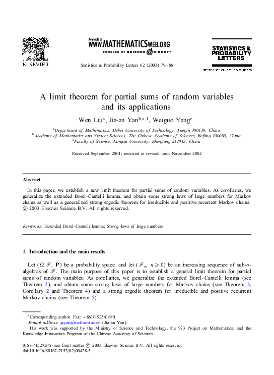 (PDF) A limit theorem for partial sums of random variables and its applications