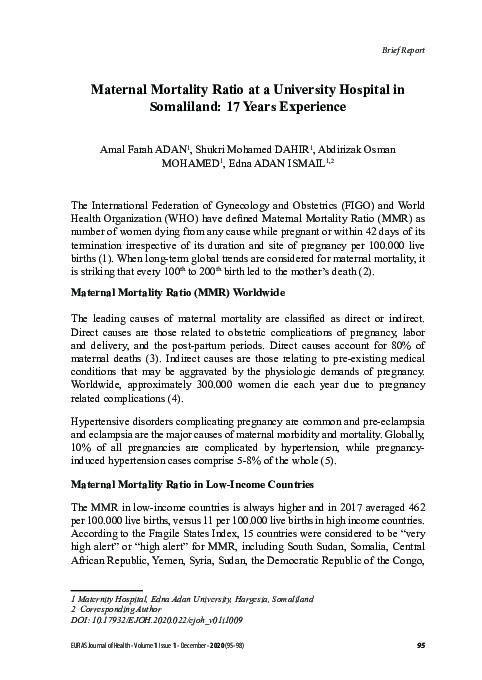 (PDF) Maternal Mortality Ratio At A University Hospital In Somaliland: 17 Years Experience