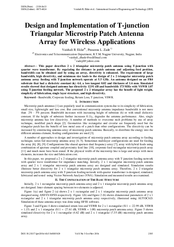Pdf Design And Implementation Of T Junction Triangular Microstrip Patch Antenna Array For