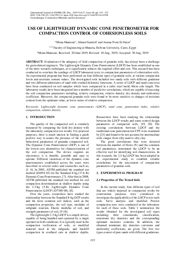 (PDF) Use of Lightweight Dynamic Cone Penetrometer for Compaction ...